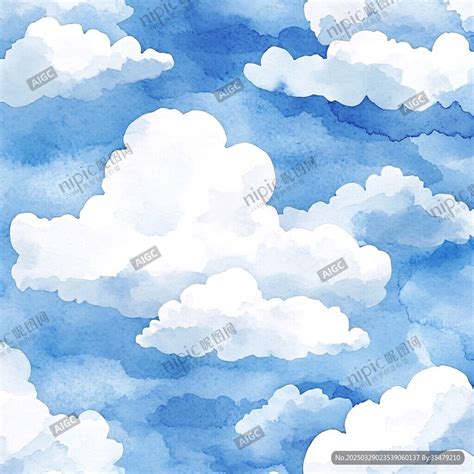 Ai创作图蓝天白云 水彩 背景 插画 天空 云朵 图案 手绘 自然 清新 柔和 唯美 梦幻 艺术 童趣 昵图网