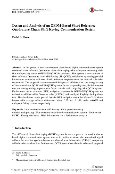 Design And Analysis Of An Ofdm Based Short Reference Quadrature Chaos