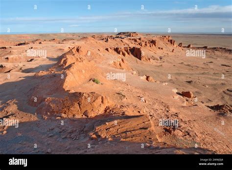 View On Bayanzag Flaming Cliffs On The Mongolian Gobi Desert Containing Fossils Of Jurassic