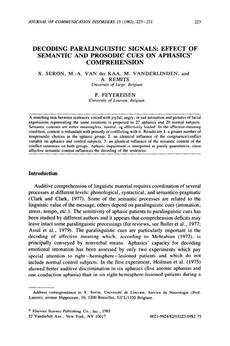 Pdf Decoding Paralinguistic Signals Effect Of Semantic And Prosodic Cues On Aphasics