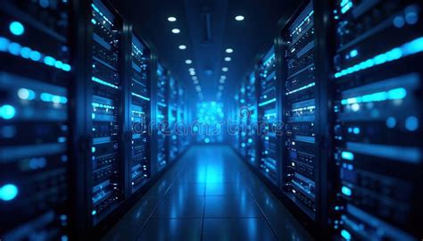 Blue Lit Server Room With Glowing Data Racks Stock Image Image Of Racks Tech