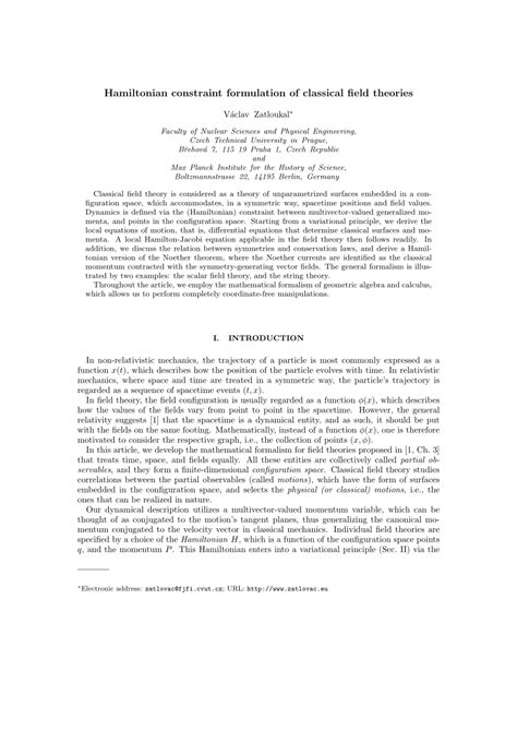 [pdf] Hamiltonian Constraint Formulation Of Classical Field Theories