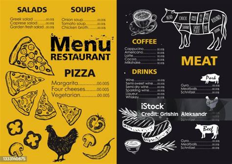 레스토랑 스케치 일러스트레이션을 위한 디자인 메뉴 템플릿입니다 벡터 전단지 고기에 대한 스톡 벡터 아트 및 기타 이미지 고기 굽기 낙서 드로잉 Istock