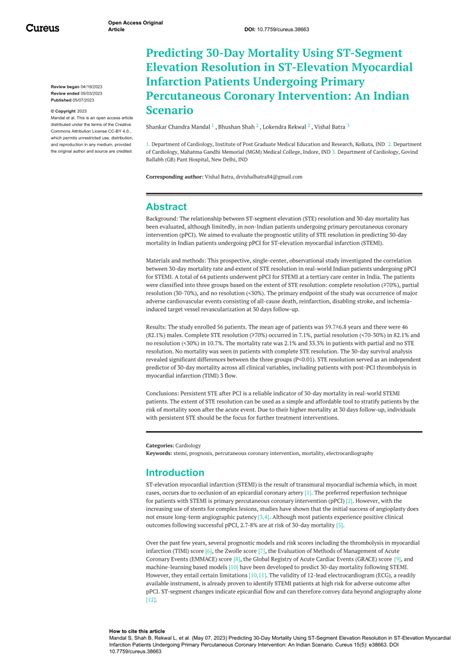 Pdf Predicting 30 Day Mortality Using St Segment Elevation Resolution