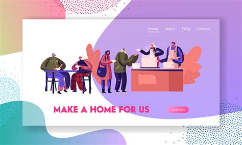 가난한 남자 여자 서 에 큐 도착 따뜻한 음식 웹사이트 방문 페이지 홈 웹 페이지 배너없이 노숙자 범프와 거지를위한 임시 거주지를위한 야간 대피소 만화 플랫 벡터 일러스트