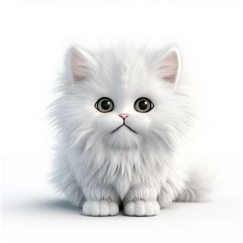 Cute Fluffy White Chubby Kitten 3d Animation Style Icon Stock