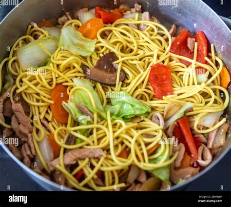 The Most Traditional Yakisoba Prepared With Vegetables Noodles Pork And Oriental Spices Stock