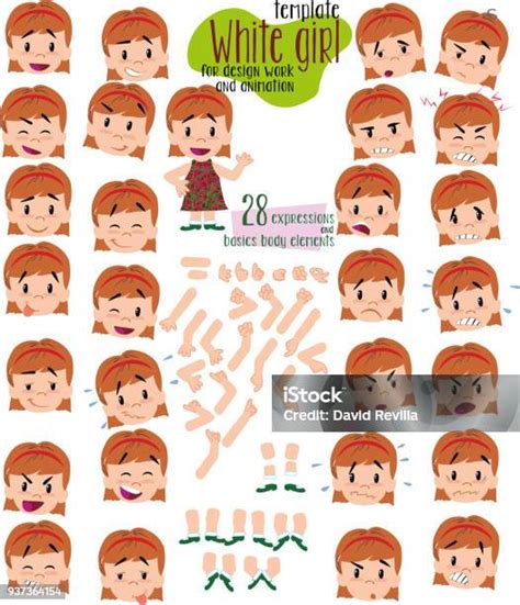 백인 여자입니다 20 8 식과 기본 바디 요소 디자인 작업 및 애니메이션에 대 한 템플릿 벡터 일러스트 격리를 재미 있는 만화 캐릭터입니다 공주에 대한 스톡 벡터 아트 및