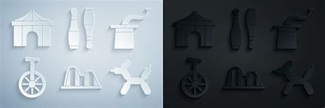 롤러 코스터 마술사 모자 외발 자전거 또는 한 바퀴 자전거 풍선 개 볼링 핀 및 서커스 텐트 아이콘을 설정합니다 벡터 1에 대한 스톡 벡터 아트 및 기타 이미지 Istock