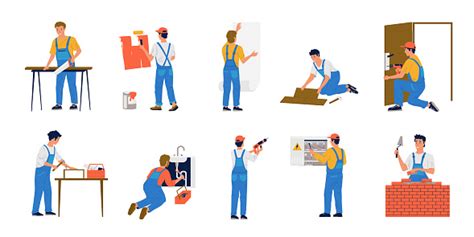 가정 수리 노동자 집 유지 보수 건설 여단은 개조합니다 화가 접착제 벽지와 장인은 벽돌 벽을 구축합니다 배관공은 하수도와 함께 작동합니다 벡터 수리막 세트 목수에 대한 스톡