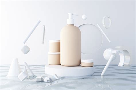 기하학적 연단에 화장품 모형 화장품 사실적인 3d 렌더링의 프리젠 테이션을위한 물 위의 배경 및 기하학적 모양 0명에 대한 스톡 사진 및 기타 이미지 Istock