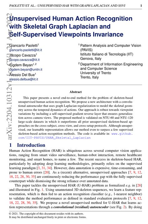 Pdf Unsupervised Human Action Recognition With Skeletal Graph