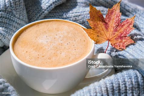 단풍 나무 노란색 잎 배경과 파란색 니트 스웨터에 아침 온난화 커피의 화이트 컵 아늑한 홈 컨셉 미용 블로그 라이프 스타일 가을