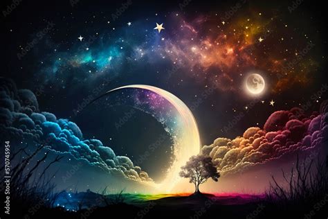 Magical Night Background With Full Moon Beautiful Rainbow At Starry Night Fairytale Night