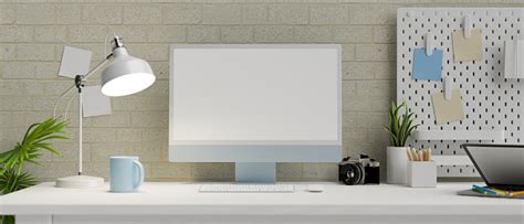 빈 화면과 현대 벽돌 벽 앞에 물건에 데스크톱 컴퓨터와 현대 아파트 작업 공간 0명에 대한 스톡 사진 및 기타 이미지 0명 3차원 형태 공란 Istock