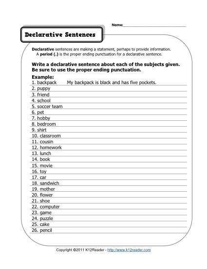 Declarative Sentences Free Printable Punctuation Worksheets