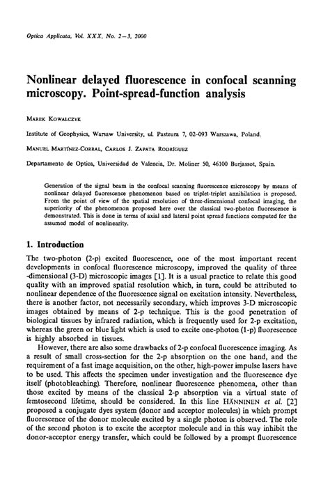 Pdf Nonlinear Delayed Fluorescence In Confocal Scanning Microscopy Point Spread Function Analysis