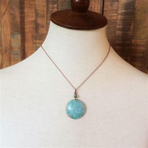 Patina Copper Pendant Hammered Copper Necklace Blue Green Patina