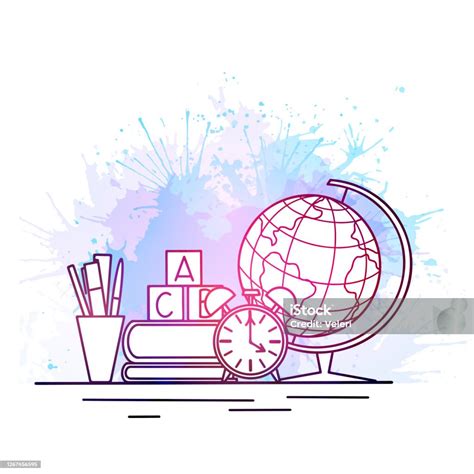 학교로 돌아갑니다 책 지구 시계 사무용품 및 수채화 의 윤곽 그림 학생을 위한 학습 테이블 수업 및 연구 벡터 요소 수채화에