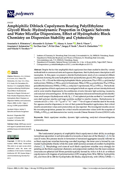 Pdf Amphiphilic Diblock Copolymers Bearing Polyethylene Glycol Block Hydrodynamic