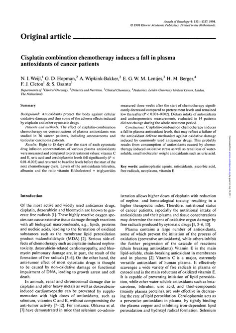 Pdf Cisplatin Combination Chemotherapy Induces A Fall In Plasma Antioxidants Of Cancer Patients