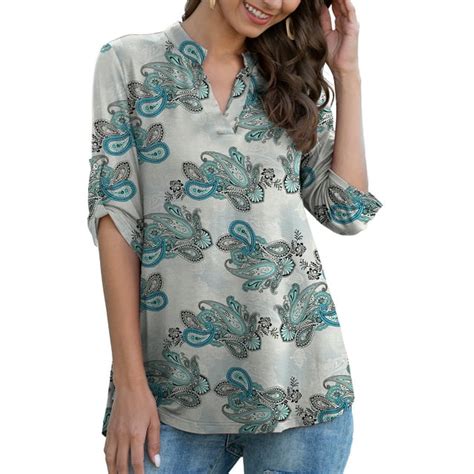 Ajesdani Womens Plus Size Tunic Tops 34 Roll Sleeve V Neck Casual