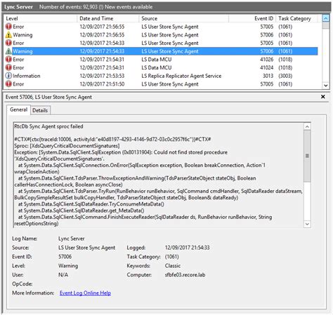 sfb server 2015 event 57005 ls user store sync agent could not find