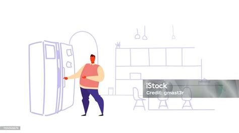 배고픈 사람이 냉장고 도어 캐주얼 남자 복용 음식 냉장고 서 현대 부엌 인테리어 스케치 낙서 수평 벡터 일러스트 레이 션에 여 부엌에 대한 스톡 벡터 아트 및 기타 이미지