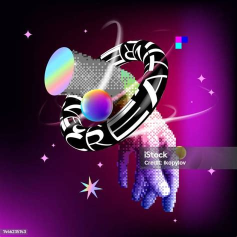 픽셀 인간의 손은 추상적인 기하학적 모양을 둘러싸고 있습니다 베이퍼웨이브 스타일 디자인 모자이크 처리에 대한 스톡 벡터 아트 및 기타 이미지 모자이크 처리 창의력