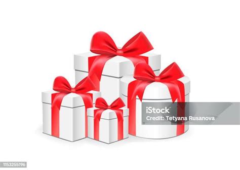 백색 선물 상자 다른 모양 와 빨간 리본 고립 된 백색 위에서 배경 벡터 일러스트 3차원 형태에 대한 스톡 벡터 아트 및 기타 이미지 Istock