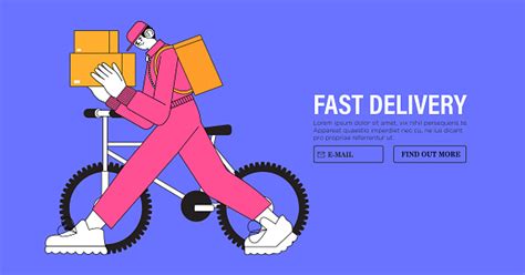 상업 및 사적 관심사를위한 배달 서비스 웹 배너 방문 페이지 고객에게 음식이나 포장 상자를 배달하는 열 가방이있는 자전거 택배 빠르고 빠른 도시 패키지 배달 화물 운송에