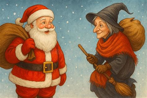 Santa Claus Y La Befana Ilustración Tradicional Del Folclore Italiano