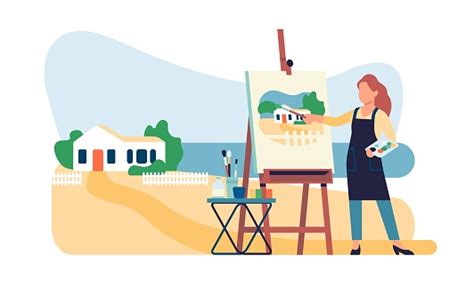 여성 예술가는 자연 속에서 풍경의 그림을 그립니다 경치 좋은 해변 파노라마 그림입니다 이젤 캔버스와 붓을 든 화가 야외에서