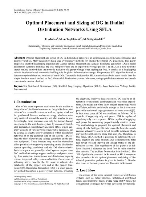 Pdf Optimal Placement And Sizing Of Dg In Radial Distribution Networks Using Sfla
