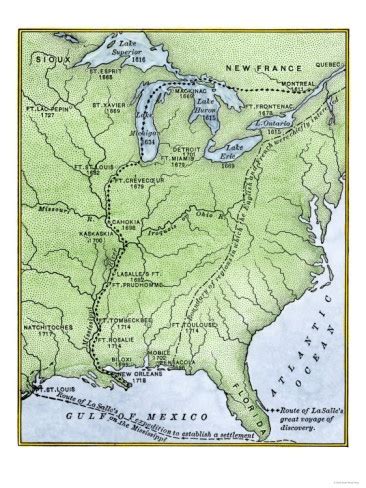 Map Showing The Route Of La Salles Explorations In North America 17th