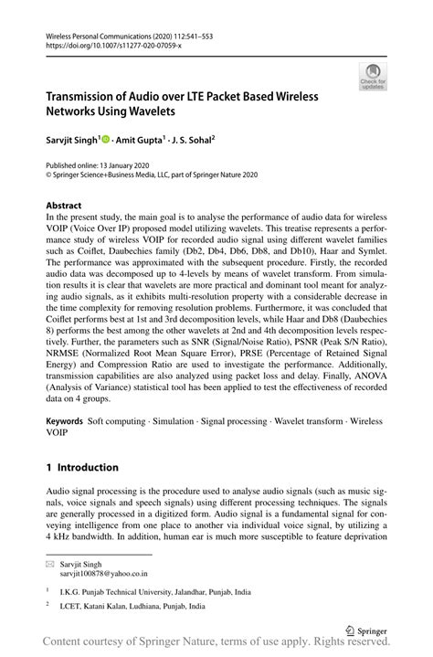 Transmission Of Audio Over Lte Packet Based Wireless Networks Using Wavelets Request Pdf