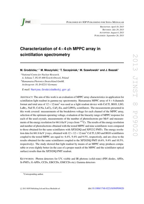 Pdf Characterization Of 4x 4 Ch Mppc Array In Scintillation Spectrometry