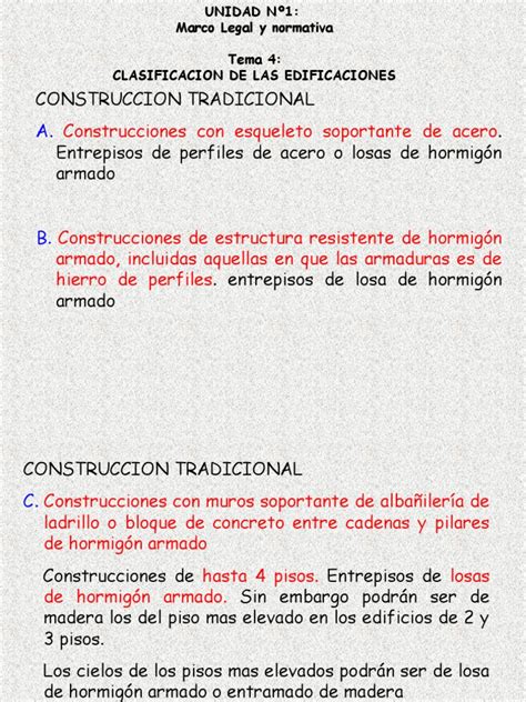 Unidad 1 2 Clasificacion De Edificaciones Pdf Albañilería Hormigón