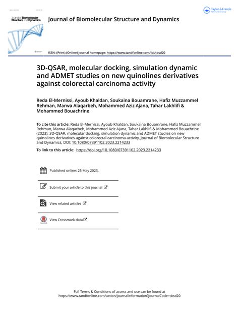 Pdf Journal Of Biomolecular Structure And Dynamics Issn Print 3d Qsar Molecular Docking