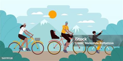 가족 자전거 타기 자전거를 탄 아이들과 함께 하는 만화 행복한 부모 야외 활동 자연 속에서 스포츠 주말 어머니와 아버지는 아들과 함께 공원에서 자전거를 타는 사람들 벡터