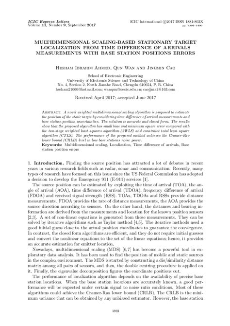 Pdf Multidimensional Scaling Based Stationary Target Localization From Time Difference Of