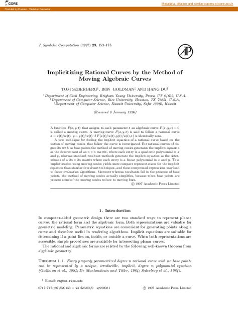 Pdf Implicitizing Rational Curves By The Method Of Moving Algebraic Curves