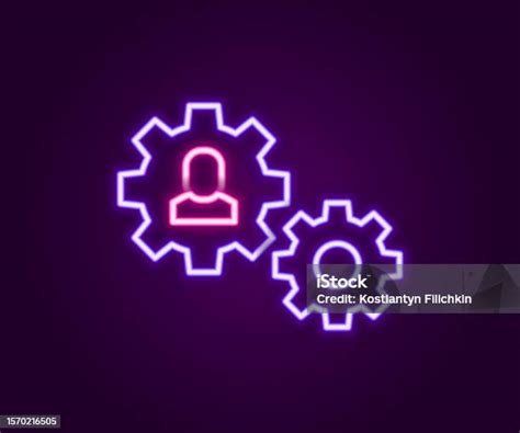 빛나는 네온 라인 검은 배경에 분리된 기어 아이콘이 있는 인간 인공지능 생각하는 뇌 기호 뇌의 상징 작품 다채로운 개요