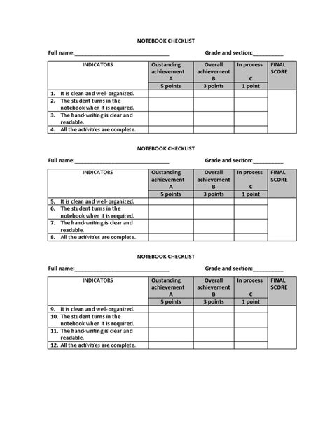 Notebook Checklist Pdf