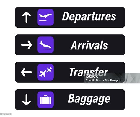 공항 표지판 도착 출발 수하물 및 교통편 안내판 표지판 체크인 공항 도착 및 출발 방향에 대한 정보 패널 이륙 및 착륙 비행기