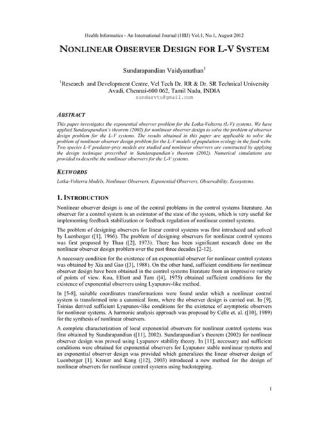 Nonlinear Observer Design For L V System Pdf
