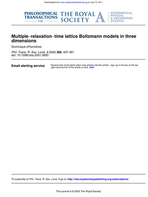 Pdf Multiple Relaxation Time Lattice Boltzmann Models In Three Dimensions