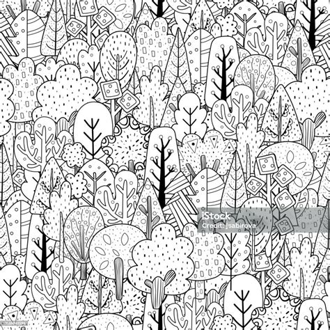 판타지 낙서 숲 흑백 완벽 한 패턴입니다 나무가 있는 낙서 색칠 공부 페이지 나무에 대한 스톡 벡터 아트 및 기타 이미지 나무 낙서 드로잉 라인아트 Istock