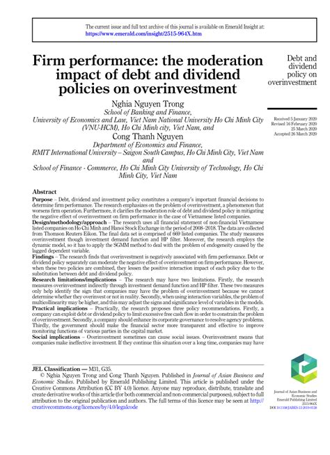 Pdf Firm Performance The Moderation Impact Of Debt And Dividend Policies On Overinvestment
