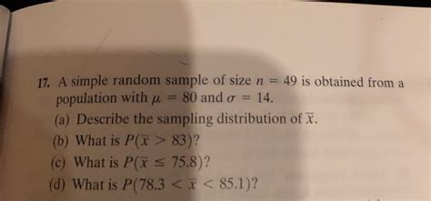 solved 17 a simple random sample of size n 49 s obtained